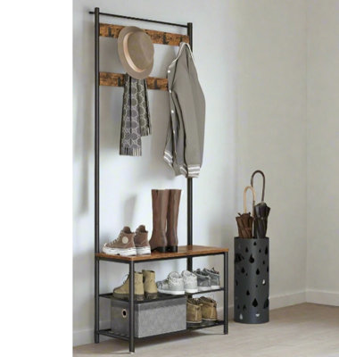 Industrial Coat Stand with Shoe Storage Bench - 3-in-1 Design