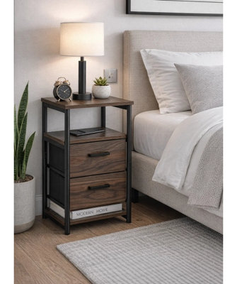 Industrial Metal Frame Nightstand with Wooden Top and 2 Folding Drawers
