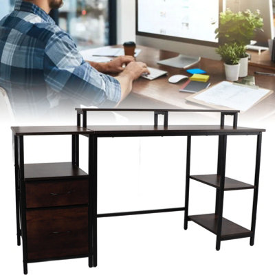 Industrial retro computer desk with overhead shelves for home office