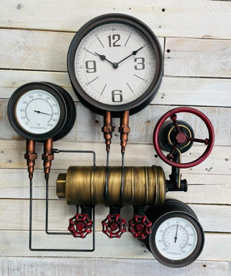 Industrial Steampunk Pipe Metal Gear Wall Clock with Faux Temperature ...