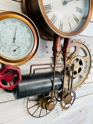 Industrial Steampunk Pipe Metal Gear Wall Clock with Faux Temperature ...