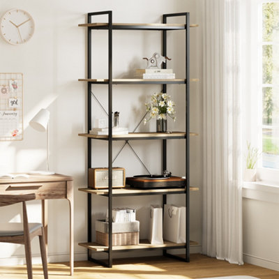 INDUSTRIAL STYLE 5-TIER METAL FRAMED WOODEN BOOKSHELF