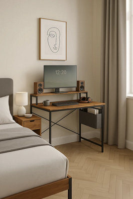 Industrial Style Computer Desk with Monitor Riser, Fabric Pouch ...