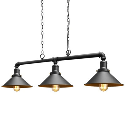 INDUSTRIAL SUSPENDED CEILING PENDANT 3 LAMP BLACK METAL VINTAGE LIGHT ...