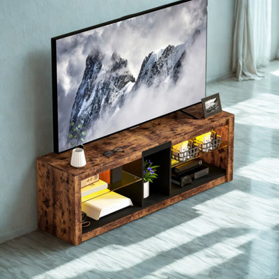 Industrial TV Stand Unit With Storage Shelves and LED Lights