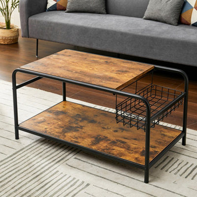 Industrial Wooden Coffee Table with Wire Basket Storage Top