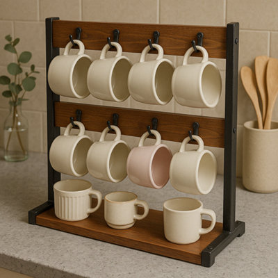 Industrial Wooden Mug Holder Stand For Countertop