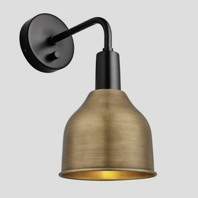 Industville Sleek Cone Wall Light, 7 Inch, Brass, Black Holder