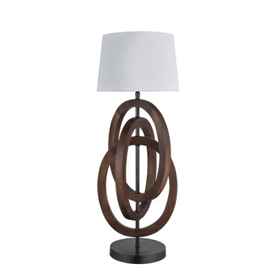 Industville Wooden Geometric Circle Table Lamp in Walnut with Grey ...