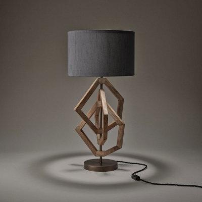 Industville Wooden Geometric Polygon Table Lamp in Natural with Grey ...