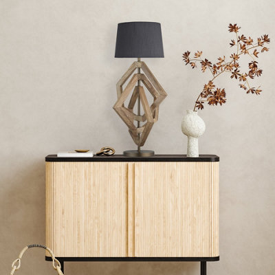 Industville Wooden Geometric Polygon Table Lamp in Natural with White ...