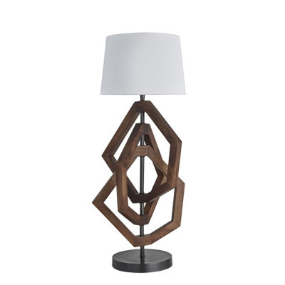 Industville Wooden Geometric Polygon Table Lamp in Walnut with White ...