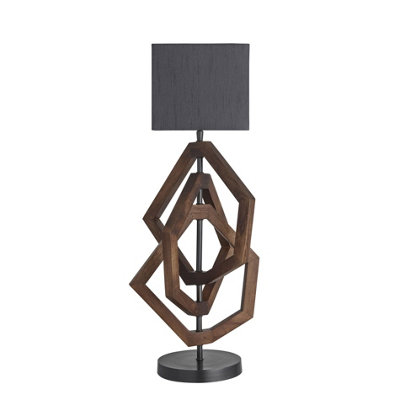 Industville Wooden Geometric Polygon Table Lamp in Walnut with White ...