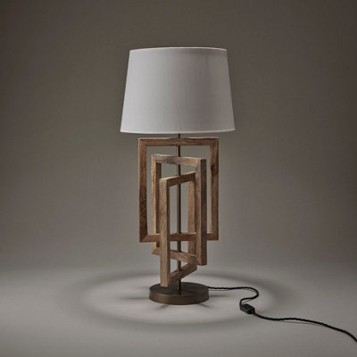 Industville Wooden Geometric Rectangle Table Lamp in Natural with White ...