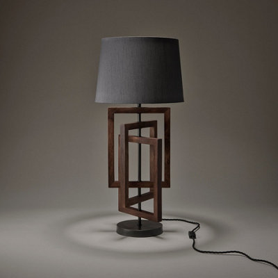 Industville Wooden Geometric Rectangle Table Lamp in Walnut with Grey ...