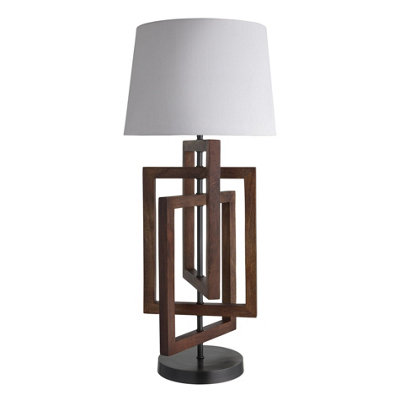 Industville Wooden Geometric Rectangle Table Lamp in Walnut with White ...