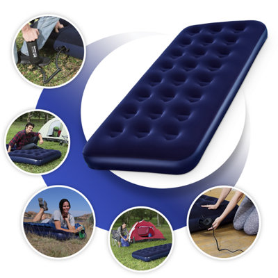 Inflatable Single Flocked Comfort Air Bed Camping Mattress Airbed Blue ...