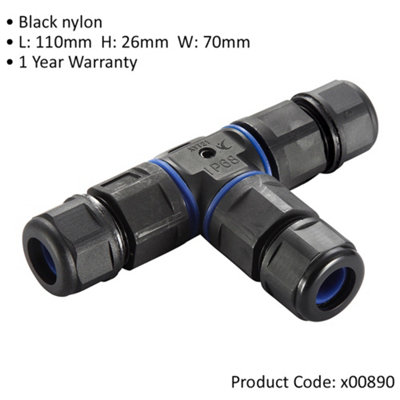 Inline IP68 3-Way T-Connector - Three Way Terminal Block - Black Nylon
