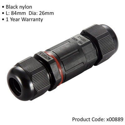Inline IP68 Straight Connector - Three Way Terminal Block - Black Nylon