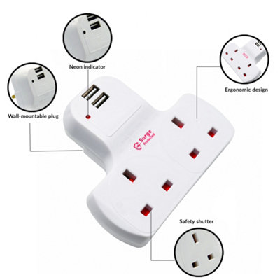 Innoteck 2Way Multi plug adaptor 13A UK mains socket outlets with 5V 2 ...