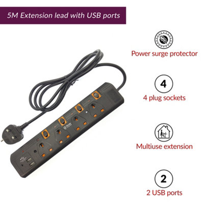 Innoteck 4 Way 5 Meter Switched Extension Lead with 2USB charging ports ...