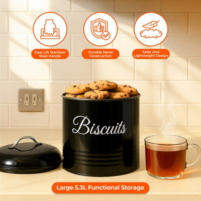 Innoteck Essentials Round Biscuit Tin With Air-Tight Lid - Black.