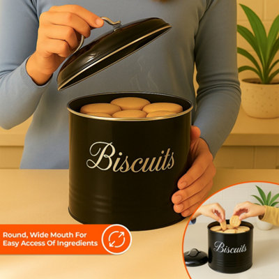 Innoteck Essentials Round Biscuit Tin With Air-Tight Lid - Black.