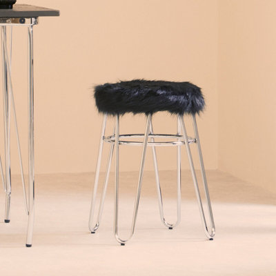 Interiors by Premier Chrome Metal and Black Faux Fur Stool, Small ...