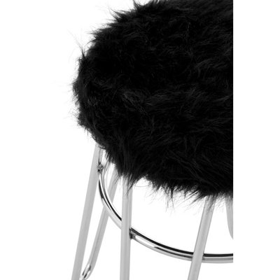 Interiors by Premier Chrome Metal and Black Faux Fur Stool, Small ...