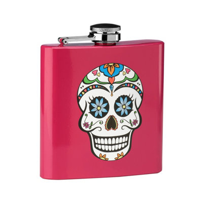 Interiors by Premier Pink Hip Flask With Skull Design, 5oz Stainless ...