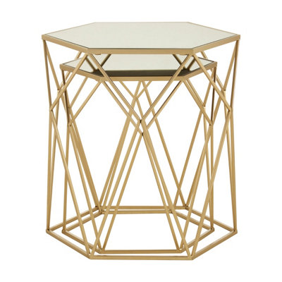 Interiors By Premier Set of 2 Hexagonal Mirrored Top Side Tables,Nesting Tables With Champagne ...