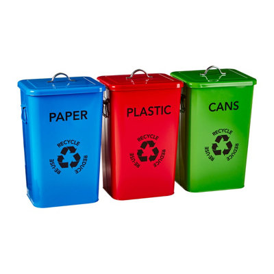 Interiors by Premier Set of 3 Recycle Logo Bins, 26L Galvanized Steel ...
