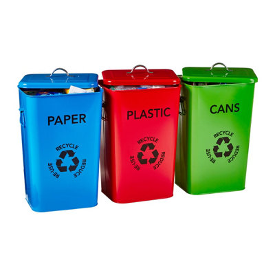 Interiors by Premier Set of 3 Recycle Logo Bins, 26L Galvanized Steel ...