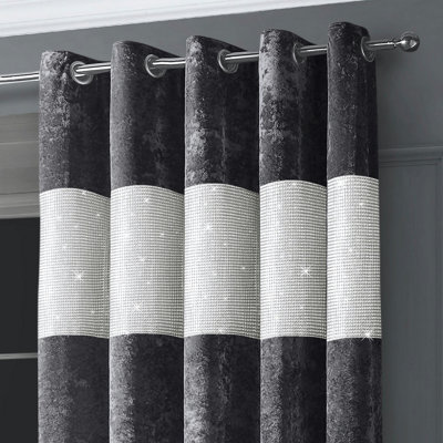 Intimates Diamante Crushed Velvet Ready Made Eyelet Curtains - Charcoal