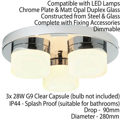 IP44 Bathroom Ceiling Light Chrome & Opal Glass Shade Moisture ...