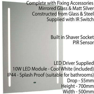 IP44 LED Bathroom Mirror 70cm x 50cm Vanity Light IR Switch & Dual ...