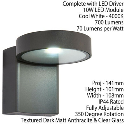 IP44 Outdoor Adjustable Round Wall Light Dark Anthracite 10W Cool White LED