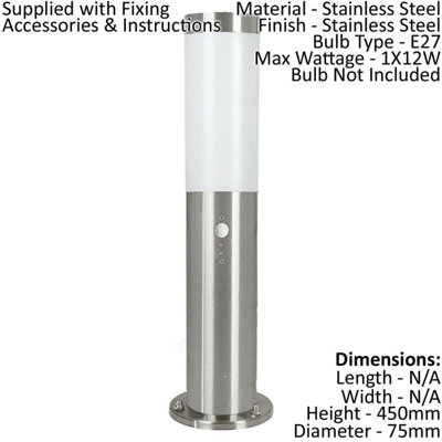 IP44 Outdoor Bollard Light & PIR Sensor Stainless Steel 12W E27 450mm Lamp Post | DIY at B&Q