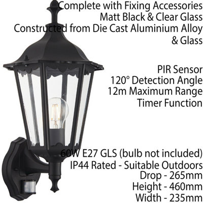 IP44 Outdoor PIR Light Matt Black & Glass Traditional Wall Lantern ...