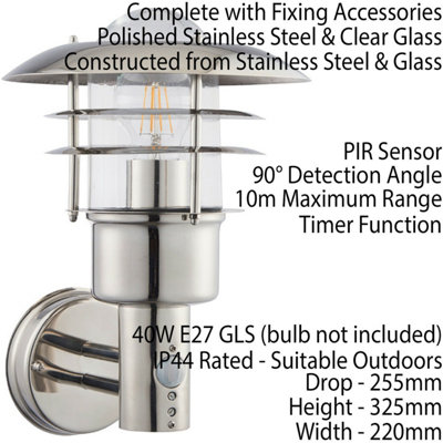 IP44 Outdoor Wall Lamp Stainless Steel Caged Glass PIR Lantern Modern ...