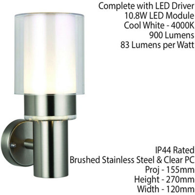 IP44 Outdoor Wall Light Brushed Steel & Diffused Frost Shade 10W Cool ...