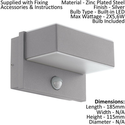 IP44 Outdoor Wall Light & PIR Sensor Silver Steel Square 5.6W Built in ...