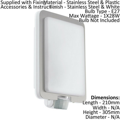 IP44 Outdoor Wall Light & PIR Sensor Stainless Steel Square 1 x 28W E27 ...