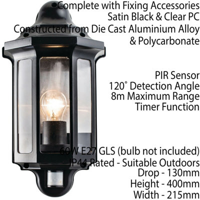 IP44 Outdoor Wall Light Satin Black PIR Half Lantern Traditional ...
