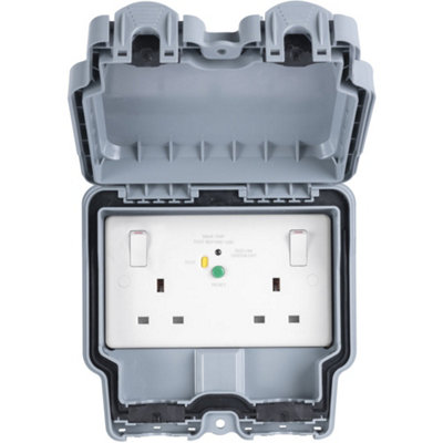 IP66 Outdoor 2 Gang Double 13A UK Plug Socket & 30ma RCD Garden ...