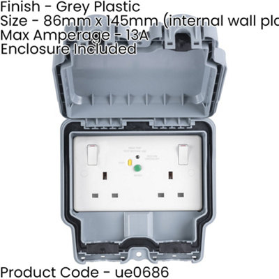 IP66 Outdoor 2 Gang Double 13A UK Plug Socket & 30ma RCD Garden ...