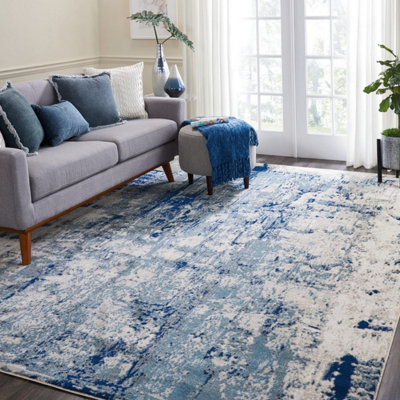 Ivory Blue Abstract Luxurious Modern Easy to clean Rug for Dining Room ...