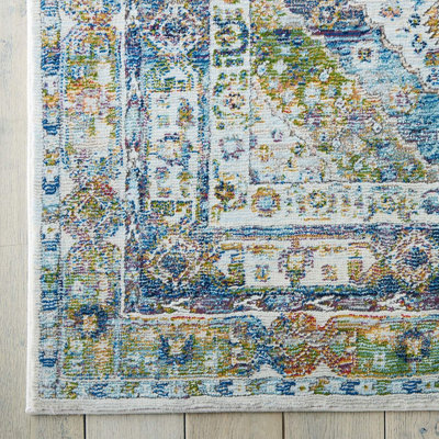 Ivory Blue Green Rug, Floral Rug, Persian Rug, Stain-Resistant ...