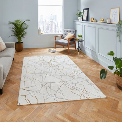 Ivory/Gold Abstract Modern Luxurious Easy to Clean Rug for Living Room ...