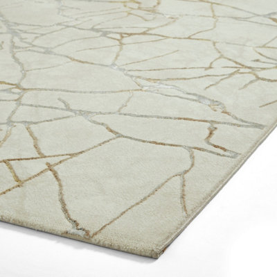 Ivory/Gold Abstract Modern Luxurious Easy to Clean Rug for Living Room ...